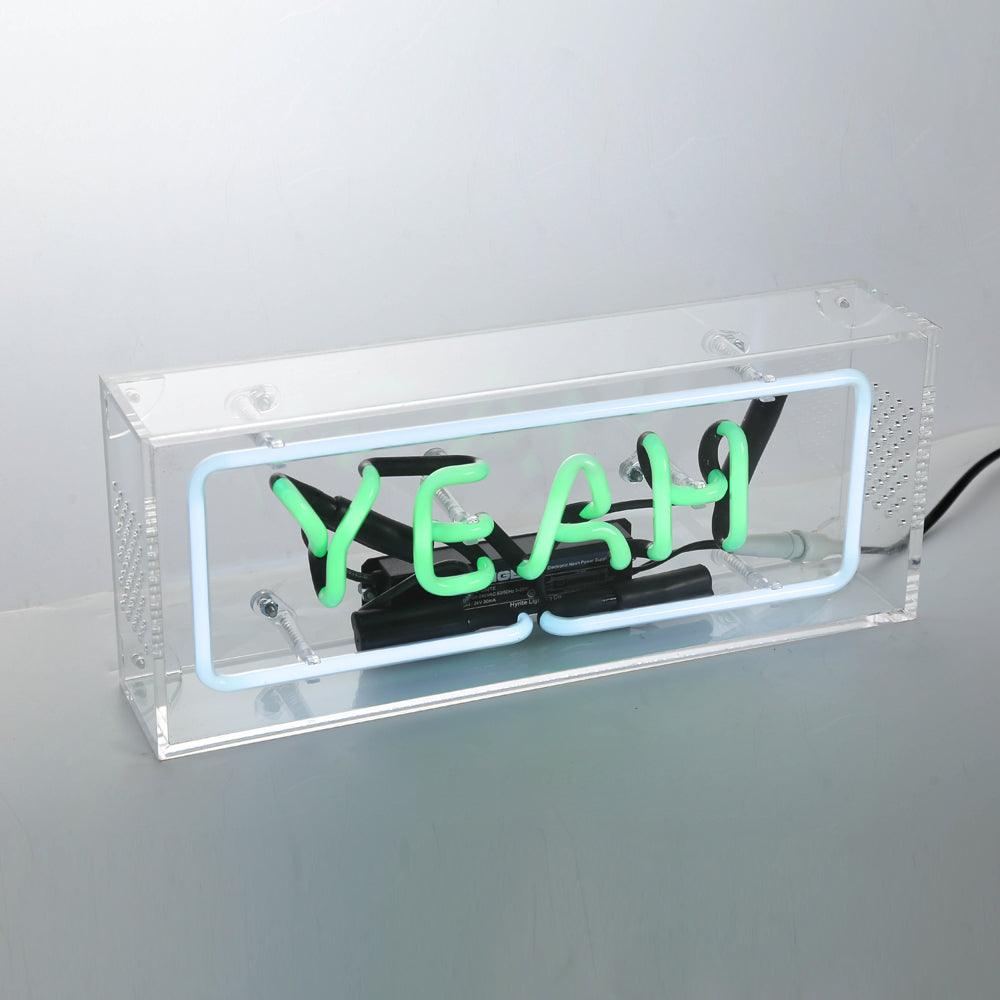 "YEAH" neon sign with green lighting,table standing glass neon tube si ...
